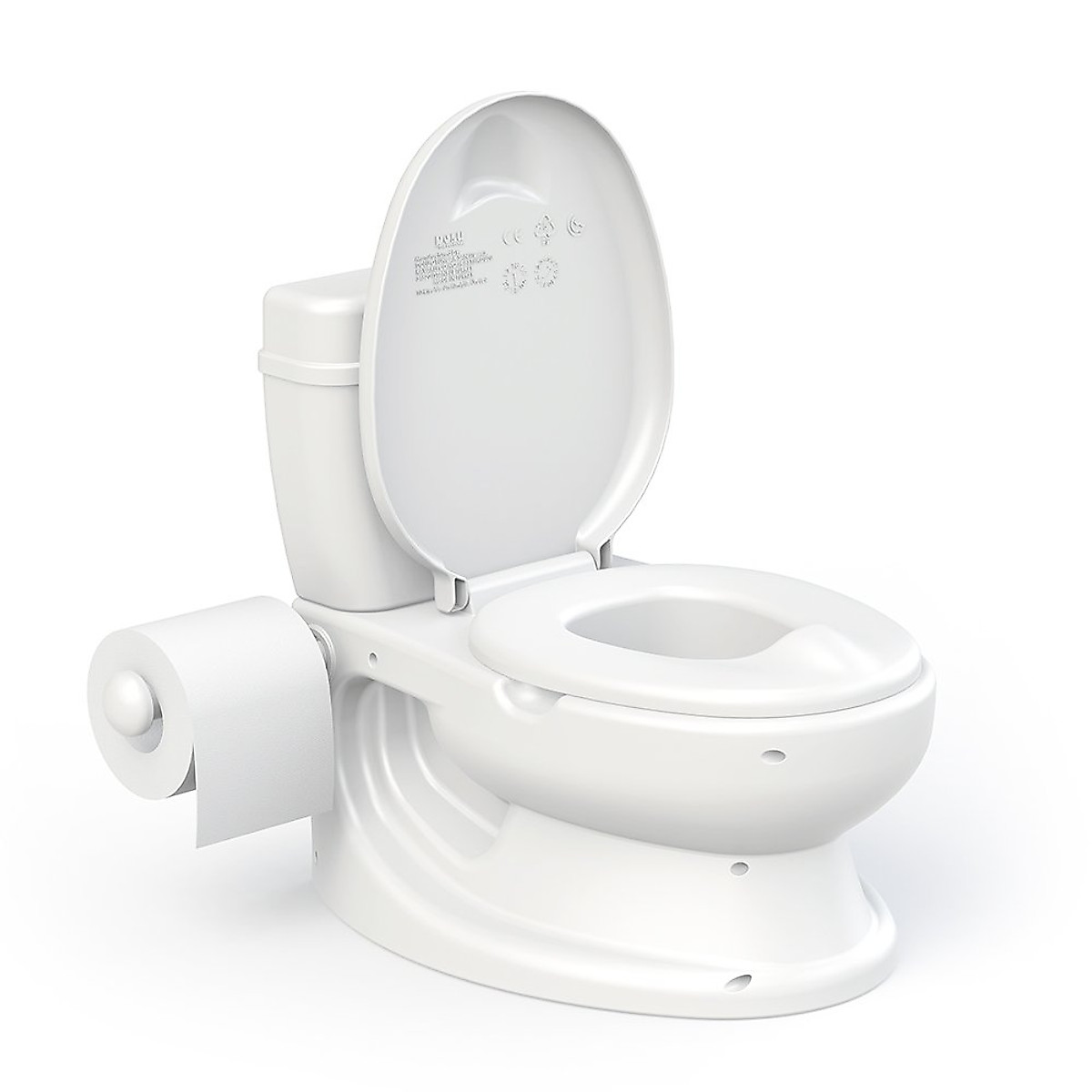 Potty Training Toilet Seat | Toddler Potty Training with Comfy Seat Cover, Tank Storage & Paper Roll Holder | Easy to Empty and Clean | Soft & Comfortable Potty Trainer for Boys & Girls (White)