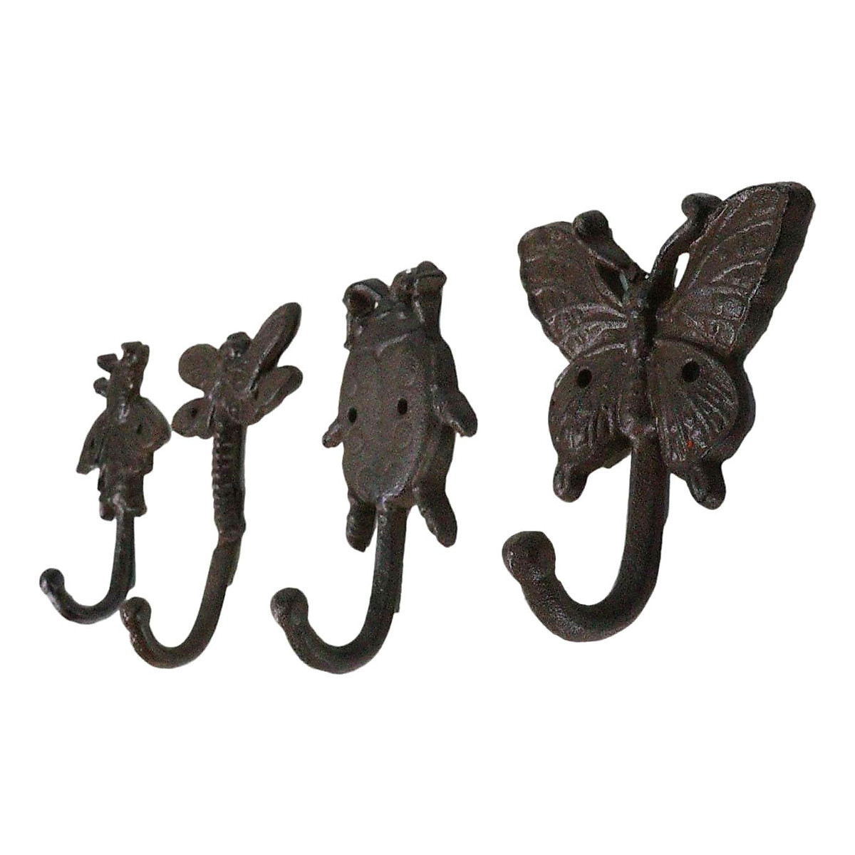 Ebros Set of 4 Cast Iron Vintage Rustic Fancy Bugs Bee Ladybug Butterfly and Dragonfly Wall Hooks Plaque Countryside Western Vintage Cottage Home Or Office Organization