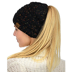 C.C BeanieTail Soft Stretch Cable Knit Messy High Bun Ponytail Beanie Hat, Confetti Black