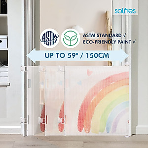 Solfres Rainbow Retractable Baby Gates, Safety Gate for Babies & Dogs Indoor 33" Tall Extends to 59" Wide, Extra Wide Mesh Gates for Kids or Pets, Pet Gate for Doorways Hallways Stairs Outdoor