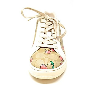 COACH Women's Clip Low Top Sneakers (Signature Canvas - Heart Cherry Print - Khaki/Pink, us_Footwear_Size_System, Adult, Women, Numeric, Medium, Numeric_9)