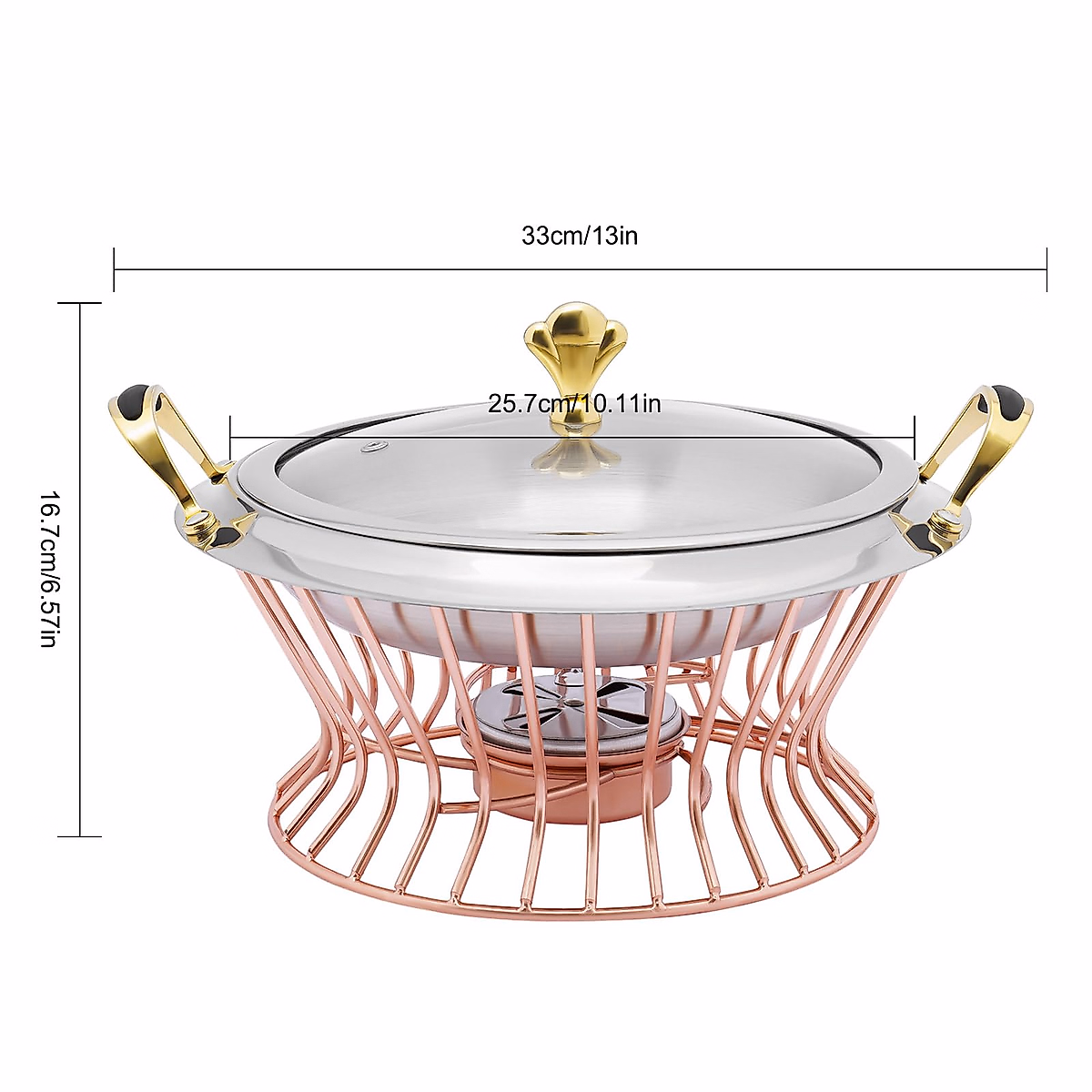 Leblett 2L/2.11Qt Round Stainless Steel Chafing Dish,Buffet Catering Meal Stove,Buffet Warmer with Fuel Holder,Red Copper