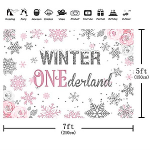 Aperturee 7x5ft Winter Onederland Backdrop, Newborn Baby Girl's First 1st Christmas Birthday Snowflake Background Photography Holiday Pink Silver Party Decoration Photo Booth Candy Table Decor Banner