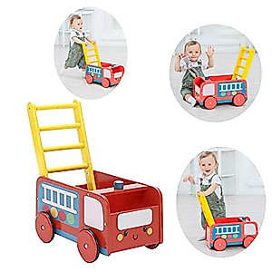 labebe -Wooden Walker 4 Wheels, Kids Push Wagon Cart Red, Push Toy Walker for Girl/Boy 1-3 Years Old, Toy Shopping Cart, Wooden Wagon Toy, Baby Activity/Learning Walker Infant- Red Fire Truck