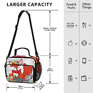 Cute Fox Lunch Box Flower Insulated Lunch Bag Girls Cooler Tote Kids Boys Shoulder Strap Reusable for School Picnic Travel Office
