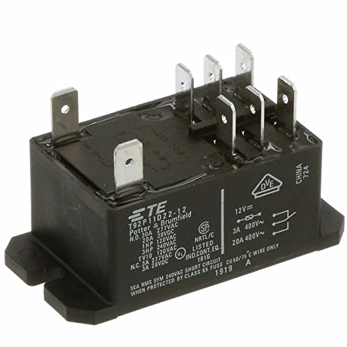Potter & Brumfield T92P11D22-12 Power Relay DPDT 12V DC 30A, TE T92S11D22-12