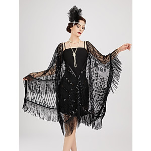 SWEETV Women's 1920s Shawl Wraps,Sequin Fringe Flapper Evening Shawls for women Formal/Party/Wedding/Formal/Harlem night,1920s Accessories for Women,Black 2