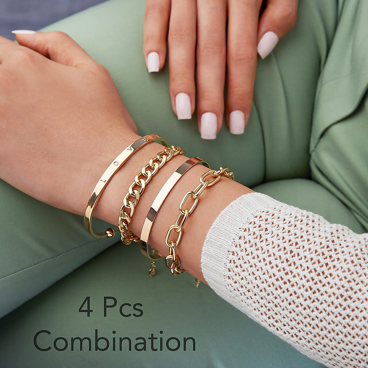 Pera Jewelry 14K Gold and Silver Plated Layered Bracelet Sets, 4 Pieces, Adjustable Layered Link Bracelets Sets, Stainless Steel, no gemstone