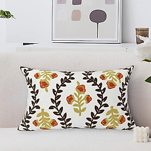Alysheer Floral Embroidered Lumbar Fall Decorative Throw Pillow Cover 12"x 20", Farmhouse Cottage Orange Flower Brown Leaves Pattern, Cotton Canvas Cushion Case for Sofa Couch Bedroom Decor
