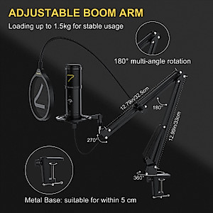 7RYMS SR-AU01-K1 Podcast Microphone Kit with Arm Stand, USB Condenser Microphone for Computer PC Smartphone, Suitable for Gaming Singing Podcasting Recording Live-Streaming