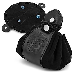 CASEMATIX Leather Dice Bag and Dice Rolling Tray for 50+ RPG Dice - Black DND Dice Bag Leather Drawstring Pouch with Non-Scratch Fabrics, Metal Hardware and Debossed Serpent Design