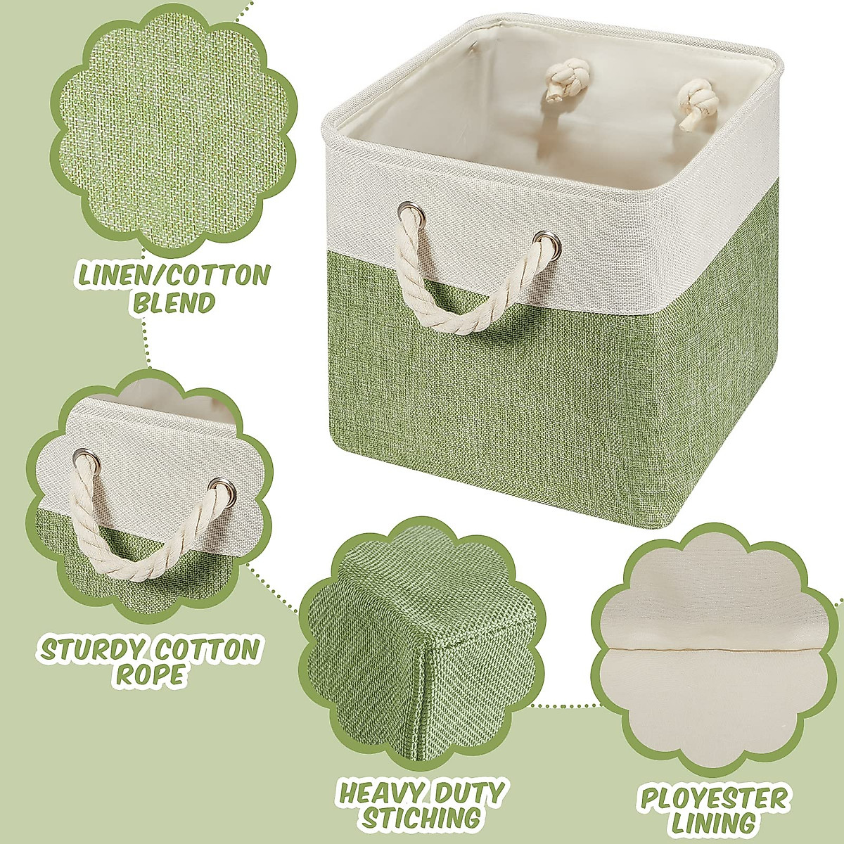 6 Pcs 11 x 11 Inch Cube Storage Bins Fabric Cube Storage Organizer Bins Foldable Storage Cube Baskets with Sturdy Carry Handles Multipurpose Storage Cube for Home (Green, White)
