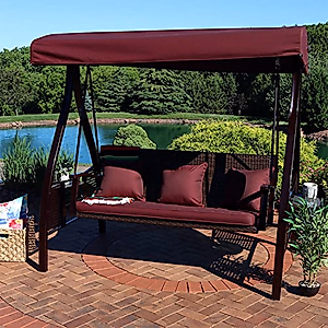 Sunnydaze 3-Seat Deluxe Patio Swing with Steel Frame and Canopy - 600-Pound Weight Capacity - Maroon Cushions Included