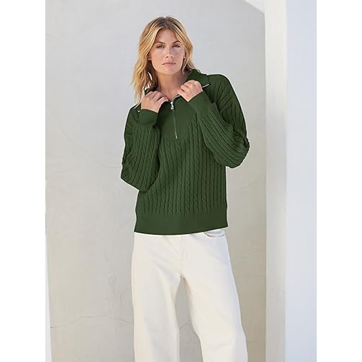 MEROKEETY Women's 2023 Long Sleeve 1/4 Zipper Sweaters V Neck Cable Knit Pullover Tops Army Green Medium