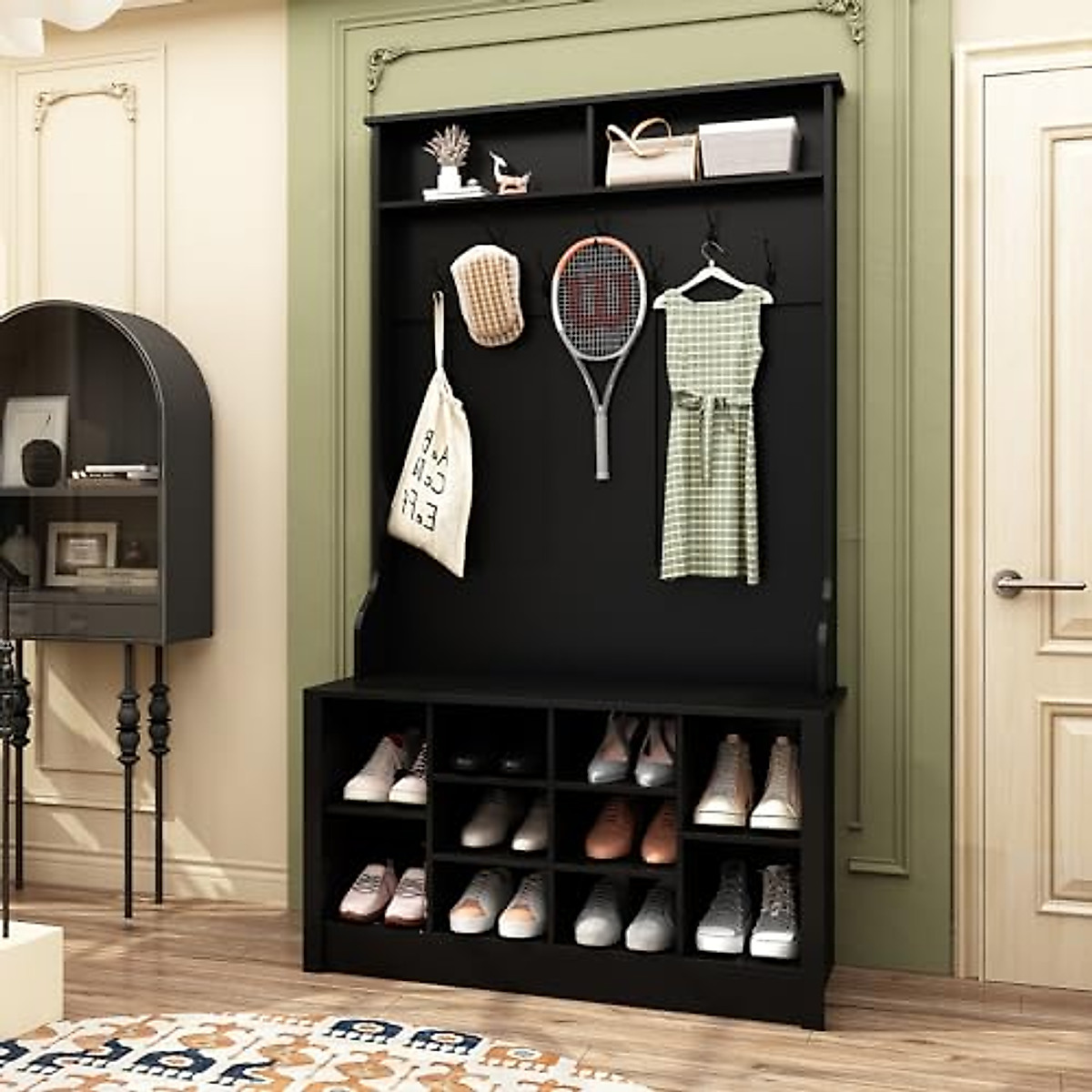 Homsee Modern Hall Tree with Storage Bench, 4-in-1 Entryway Bench with Coat Rack, Tall Hall Tree with 7 Metal Hooks, Shelves & 10 Cubes for Hallway, Living Room, Black (39.4”L x 15.7”W x 68.5”H)