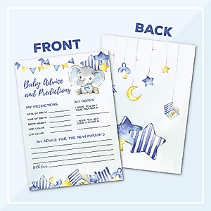 50 Deluxe Blue Elephant Advice and Prediction Cards- Large Double Sided 5 x 7 Inch for Baby Boy Shower Game, New Parent Message Book, Mom & Dad to Be, Decorations Activities Supplies Invitations