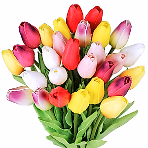 28 Pcs Multicolor Tulips Artificial Flowers Faux Tulip Stems Real Feel PU Tulips for Easter Spring Wreath Wedding Bouquet Centerpiece Floral Arrangement Cemetery Table Décor 14" Tall