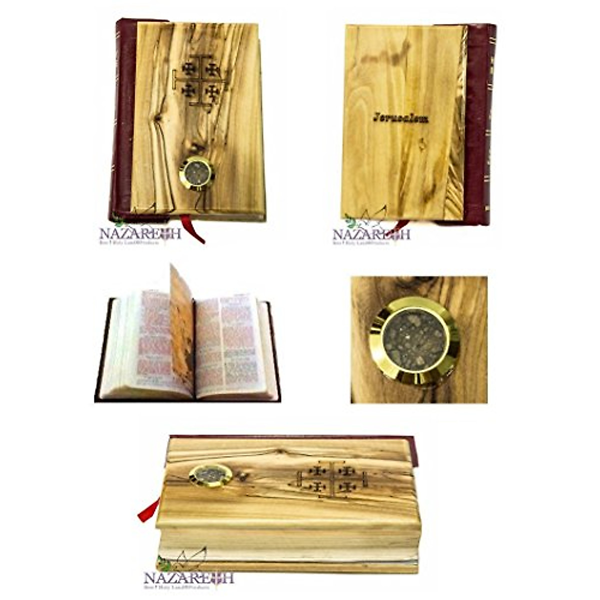 Olive Wood Hand Carved Millennium Bible Book with Holy Soil and Jerusalem Cross Holy Land