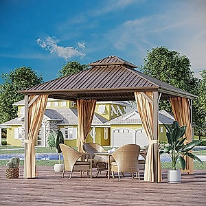 GAZEBEST 12'x12' Hardtop Gazebo, Outdoor Aluminum Patio Gazebo Double Roof Galvanized Steel Canopy with Netting and Curtains,for Garden Patio, Backyard, Deck and Lawns.