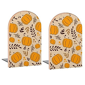 Autumn Pumpkin Doodle Leaves Book Ends Decorative Wood Bookends for Shelves Kids Room Desk Home Office Book Stoppers for Magazines,Books, DVDs, 1 Pair/2 Pieces(5x3.1 in)