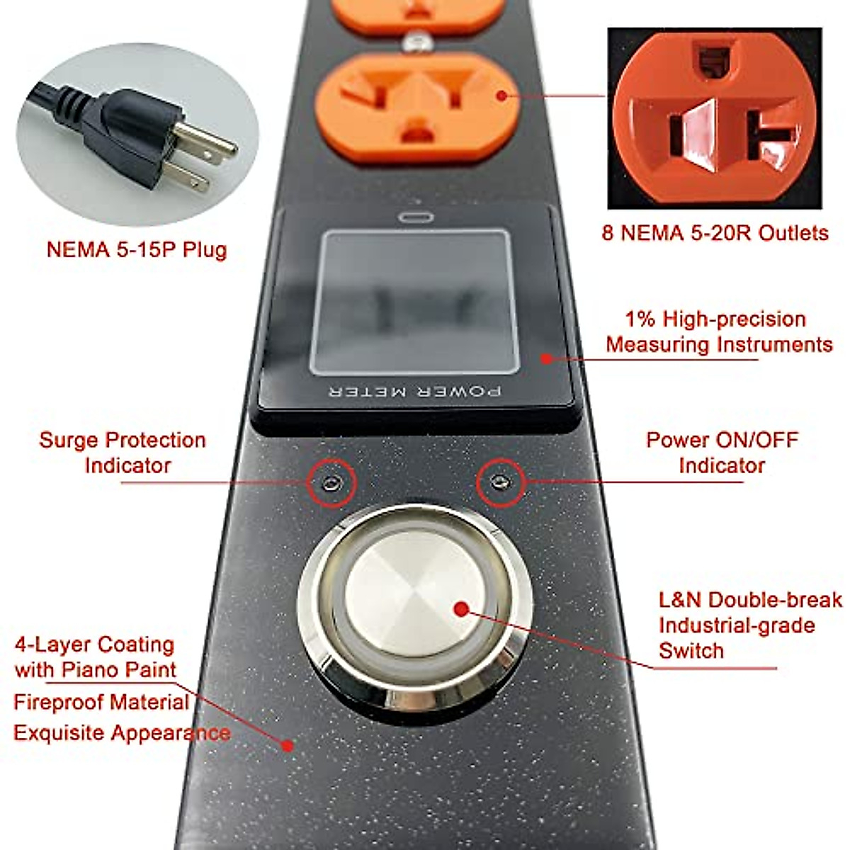 Rack Mount Power Strips 19'' 1U Switched PDU Surge Protection Metered PDU 8 Outlet with High-Precision Measuring Instruments 100-250V 20A with 6ft Heavy Duty Extension Cord (Orange)