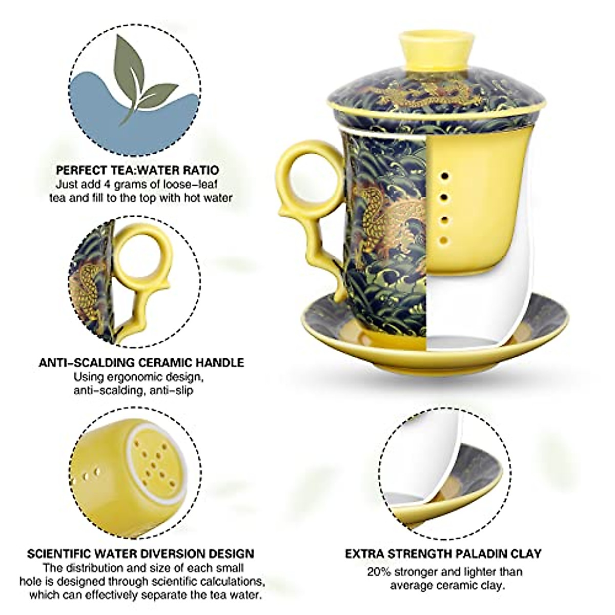 YURROAD Chinese Dragon Pattern Tea-Mug with Strainer Infuser and Lid and Saucer Ceramic Tea Mug Convenient System Chinese Porcelain Personal Tea Cup 13.5oz(400ml) - DARK GREEN TC400