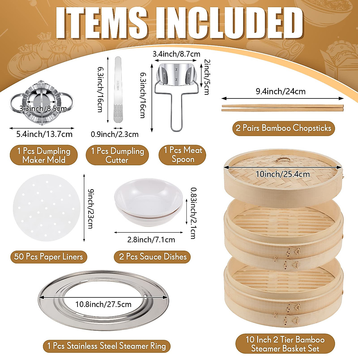 2 Tier Bamboo Steamer Basket Set Including Stainless Steel Steamer Ring Dumpling Maker Mold and Cutter Meat Spoon 2 Pairs Bamboo Chopsticks 2 Pcs Sauce Dish 50 Pcs Paper Liners for Kitchen (10 Inch)