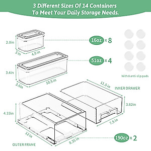 damynuo 14Pack Fridge Organizer Bins, Clear Refrigerator Organizing Containers with Lids and Refrigerator Drawers, Stackable Food, Vegetable and Fruit Containers for Fridge Organizers and Storage