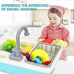 Foxswov Kitchen Play Sink Toys, Fun & Educative Kids Toy Sink, Electric Dishwasher Playing Toy with Running Water for Toddler - 20 Piece Pretend Play Toy for Boys and Girls