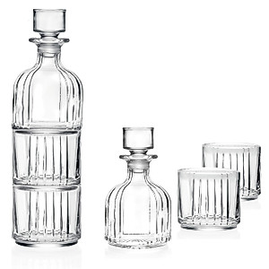Glass 3 Pc Set, Crystal Glass Whiskey Decanter with 2 Tumblers, Stackable, Double Old Fashioned Tumblers, DOF, Decanter is 12 Oz, Each D.O.F. Tumbler is 12 Oz, by Barski, Made in Europe