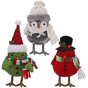 Prsildan Christmas Table Decorations Birds, Set of 3 Christmas Bird Figurine Table Top Decor, Green Red Gray Xmas Birds Ornaments for Winter Home Kitchen Fireplace Mantel Holiday Party