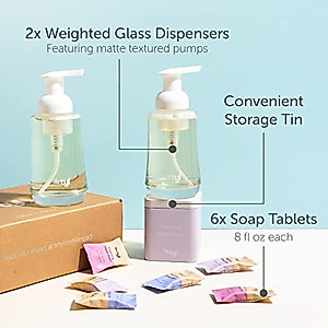 Tirtyl Hand Soap Duo Kit - 2 Glass Foaming Dispensers + Storage Tin + 6 Tablet Refills (48 fl oz total - 6x 8 fl oz) - NEW Formula - Compostable Packaging - Variety Fragrances