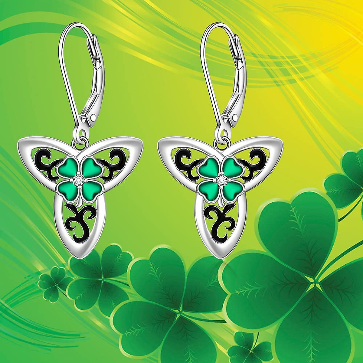 St Patricks Day Earrings Shamrock Earrings for Women Sterling Silver Celtic Knot Green Four Leaf Clover Earrings triangle Jewelry Friendship Irish Birthday Gifts