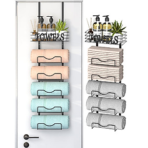 Over The Door Towel Racks for Bathroom,6-Tier Rolled Or Folded Towel Rack Wall Mounted with Metal Shelf, Bathroom Towel Holder Organizer for Bath, Hand Towels, Black