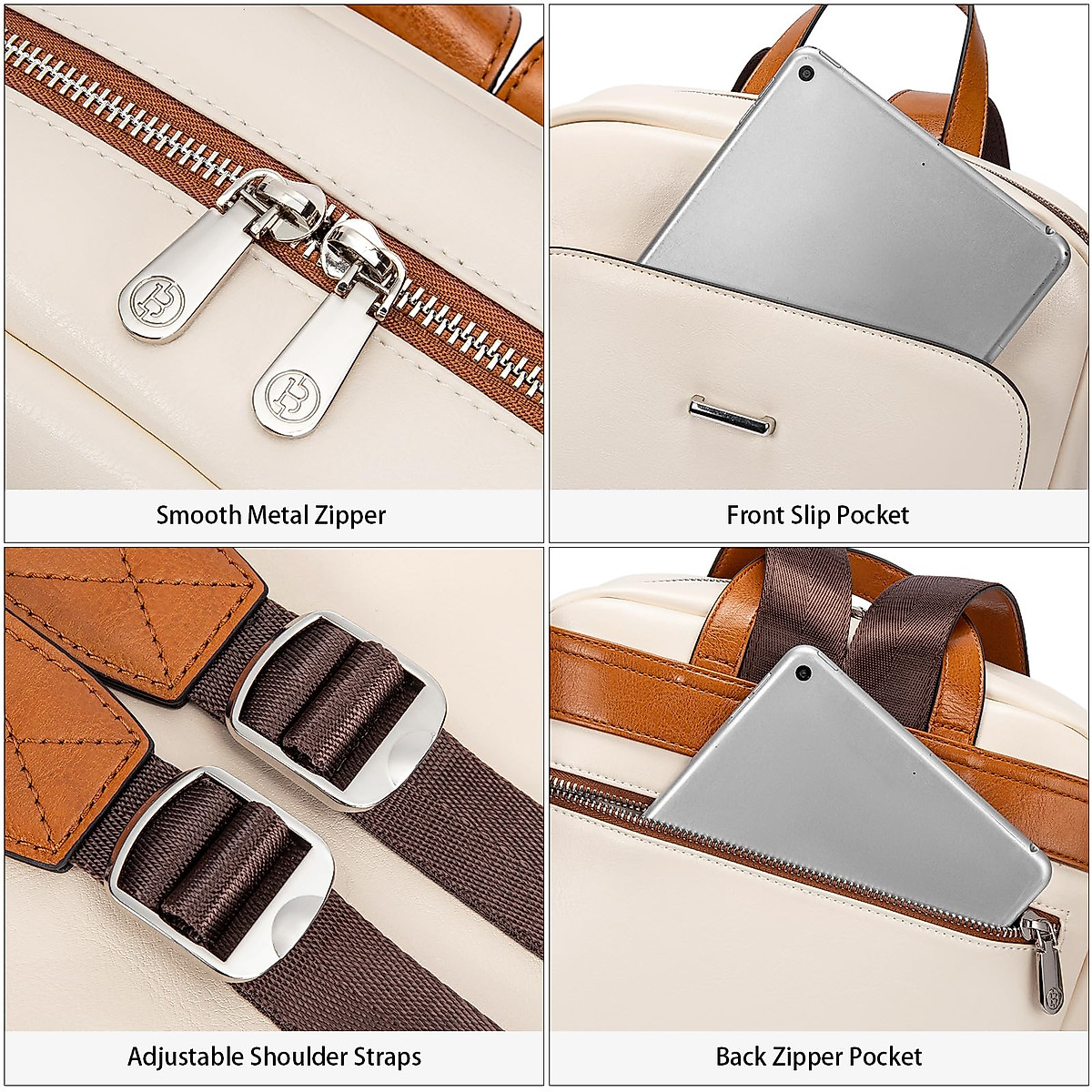 BOSTANTEN Leather Laptop Backpack for Women,15.6 inch Computer Backpack Purse College Daypack Work Travel Bag Beige-White