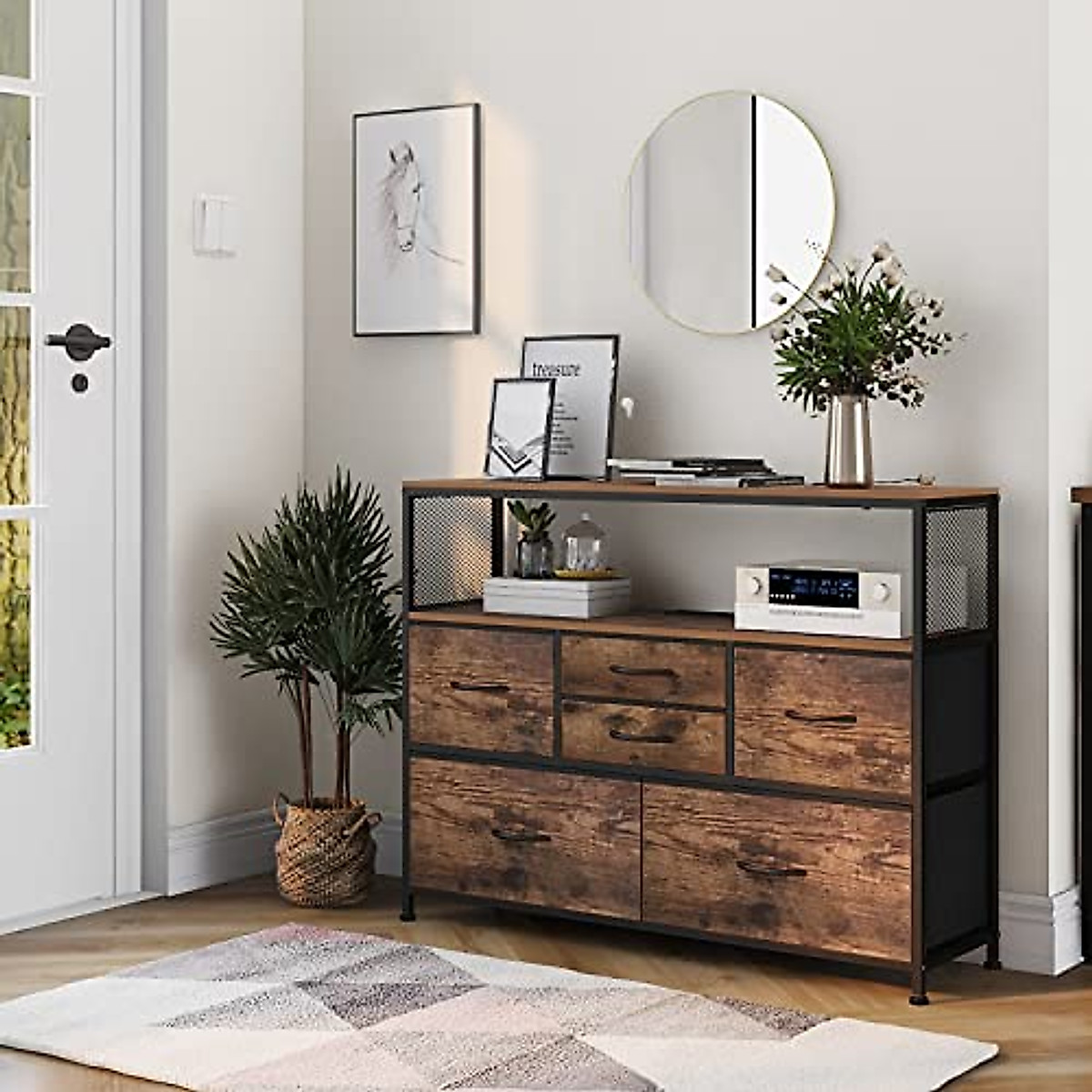 Simoretus TV Stand with Power Outlet and Fabric Drawers Entertainment Center for TV up to 45 inch Industrial Open Storage Shelf Media Console Dresser for Living Room Bedroom