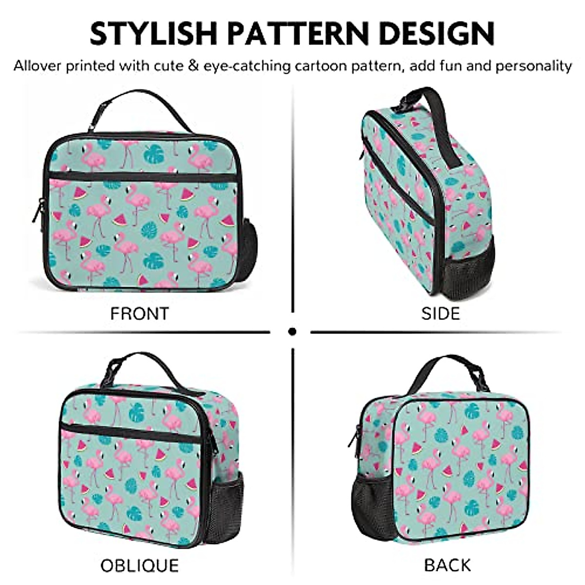 Insulated Lunch Box for Women Men, Large Capacity Reusable Lunch Bag with Front Pocket and Side Pocket, Meal Prep Cooler Tote for Work School Picnic Travel (Flamingo)