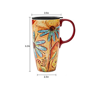 DUSVALLY Ceramic Mug Large Coffee Cup Tall Travel Mugs Porcelain Latte Tea Cup with Lid 17oz,Orange Flower