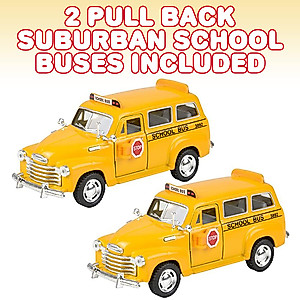 ArtCreativity Pullback Suburban School Bus Set, Includes 2, 4.75 Inch School Buses, Diecast Bus Playset with Pull Back Mechanisms, Great Birthday Gift Idea for Boys and Girls