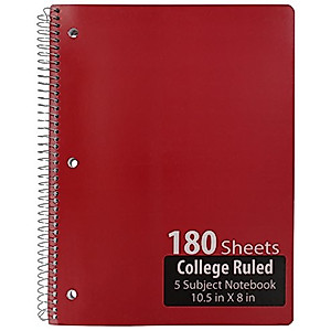 Emraw 5 Subject Notebook Spiral with 180 Sheets of College Ruled White Paper - Set Includes: Red, Black, Purple, & Blue Covers (Random 3 Pack)