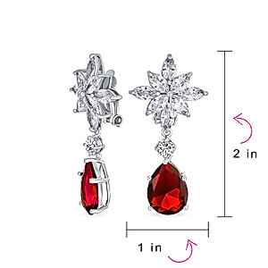 Bridal Art Deco Style Cluster Floral AAA CZ Red Statement Dangle Teardrop Chandelier Clip On Earrings For Women Simulated Ruby Silver Plated