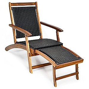 Tangkula Acacia Wood Folding Chaise Lounge Chair, Patiojoy Outdoor Foldable Deck Chair, Portable Wicker Lounger with Retractable Footrest, Collapsible Armchair Ideal for Garden, Poolside, Courtyard
