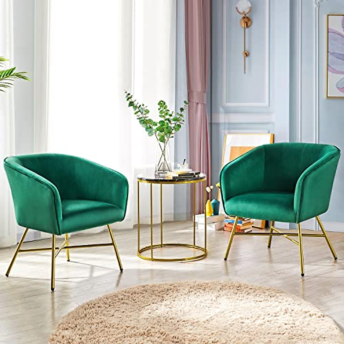 Yaheetech Vanity Chair, Modern Accent Chair, Soft Velvet Barrel Chair with Golden Metal Legs and Soft Padded, Comfy Side Chair for Living Room/Bedroom/Makeup Room/Study/Waiting Room, Green, Set of 2
