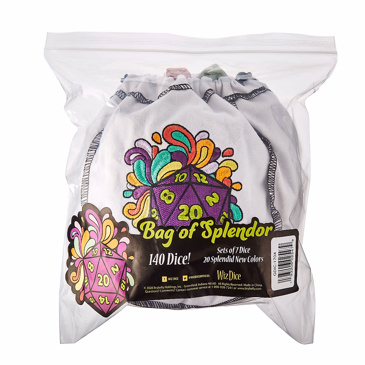 Wiz Dice Bag of Splendor - 140 Polyhedral Dice in 20 Sets - Complete Collection of Series IV Dice in Embroidered Dice Bag - TTRPG Role-Playing Bulk Tabletop RPG Gaming Accessories - D20 D6 D4