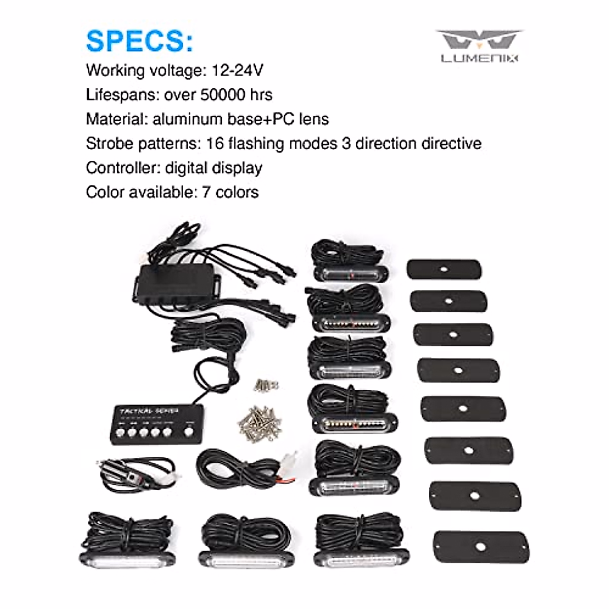 LUMENIX White Green LED Surface Mount Strobe Flashing Lights Kit w/Control Box, 8PCS Grille Side Marker Emergency Warning Caution Light for Vehicles Trucks SUV Cars Vans (Ultra Slim Sync Feature)