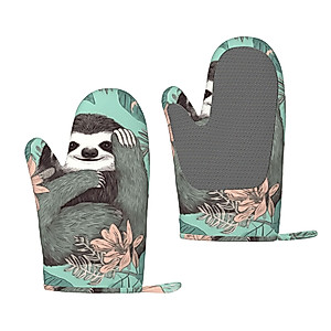 Animal Sloth Mint Green Printed Oven Mitts Heat Resistant Oven Gloves Non-Slip Silicone Kitchen Gloves for Cooking Baking BBQ Gloves 1 Pair