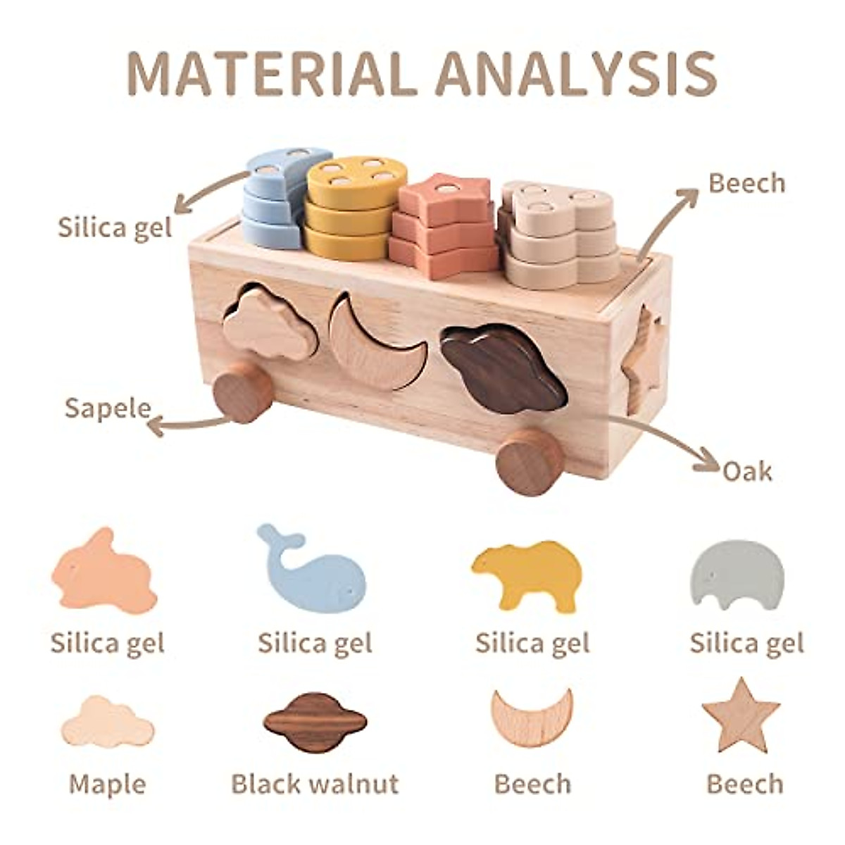 Samonyed Shape Sorter Toys for Toddlers 1-3 Montessori Stack Toy Car for 1 Year OldBaby Blocks Sorting Wooden&Silicone Educational Car Stacking Toys Montessori Toy1 2 3 Year Old Girls Boys Gifts