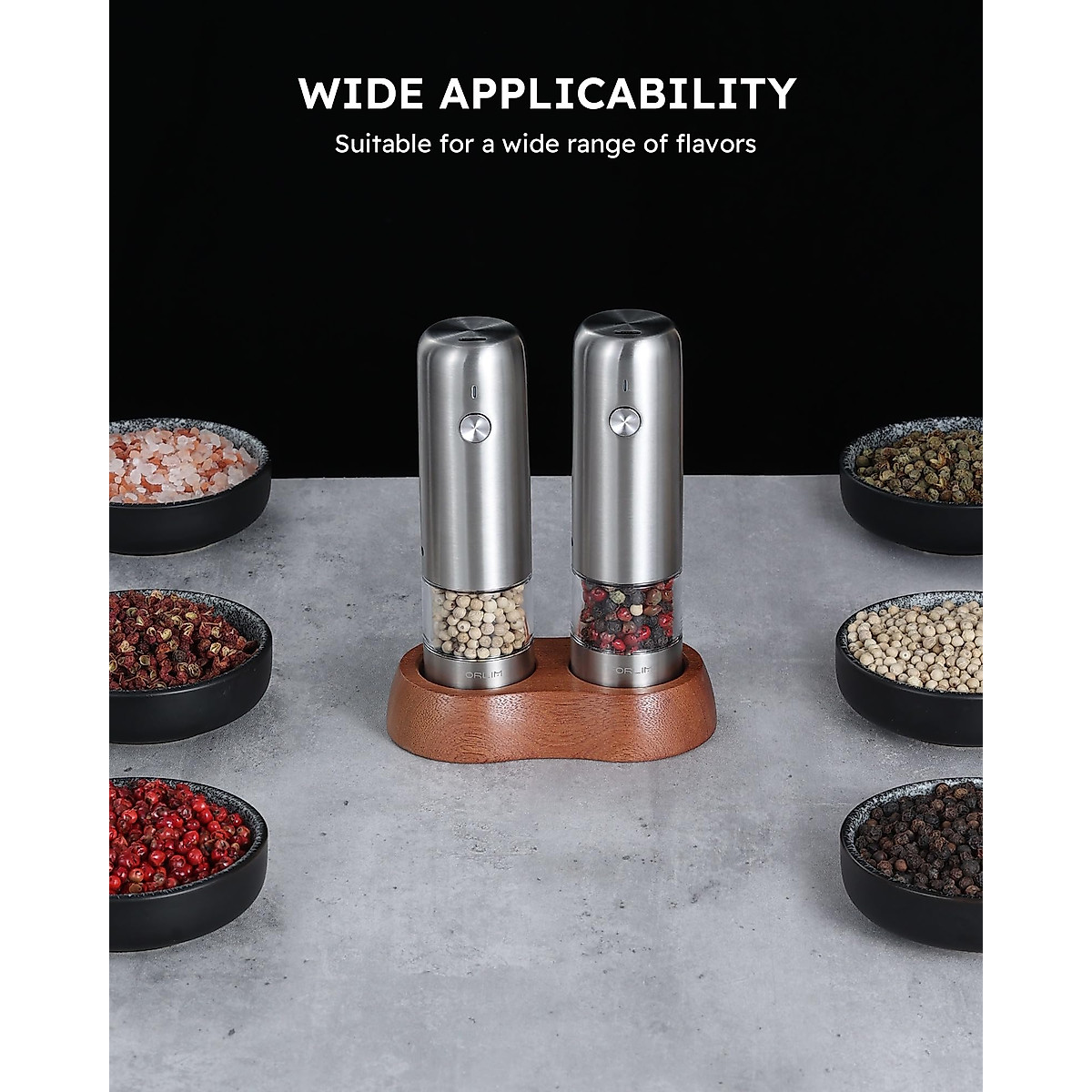 FORLIM Mini Electric Salt and Pepper Grinder Set with Wood Base, USB Rechargeable, Small Automatic Salt Pepper Mill Grinder, Travel/Outdoor BBQ/Children, One-Button Control (2 Packs, Stainless Steel)
