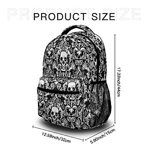 Black Skull Backpack Vintage Floral Casual School Bag Lightweight Zipper Laptop Bookbag Hiking Shoulder Daypack for Women Men