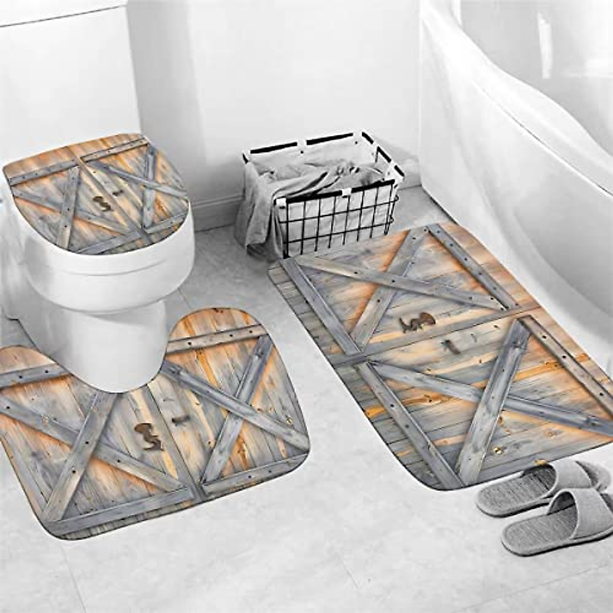 4Pcs Rustic Barn Door Shower Curtain Sets Wooden Gate Farmhouse Bathroom Set Decor with Non-Slip Rugs Bath U-Shaped Mat Toilet Lid Cover Country Bathroom Curtains Shower Set with 12 Hooks, 70.8×70.8